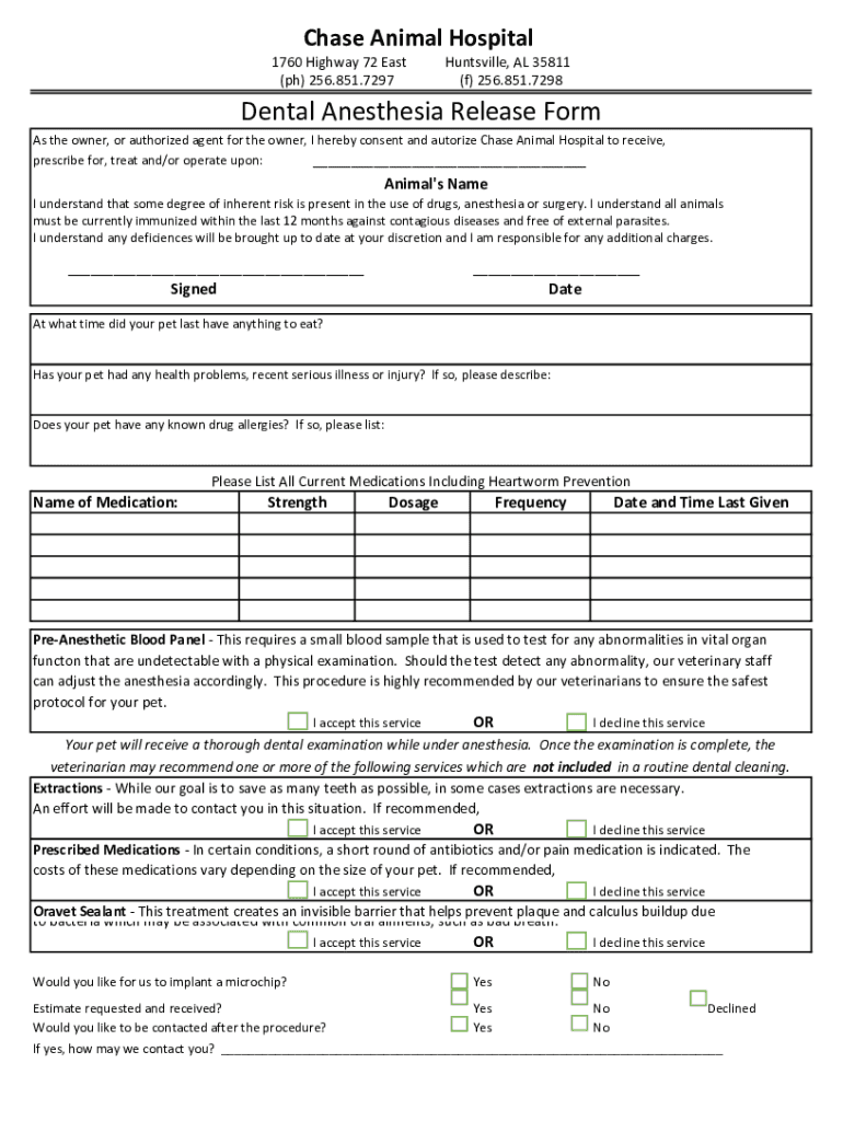 Fillable Online Anesthesia Release Form - The Vet Fax Email Print - pdfFiller