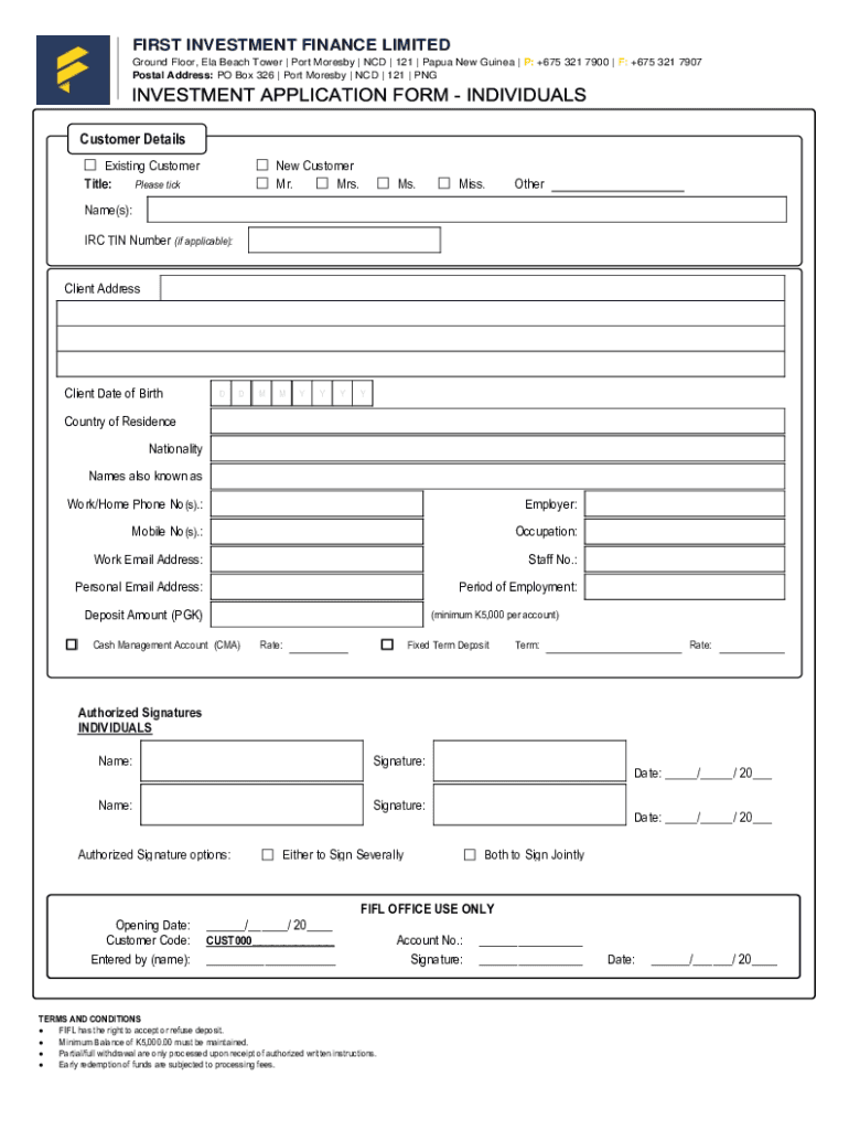Fillable Online First Investment Finance Ltd (Port Moresby, Papua New ...