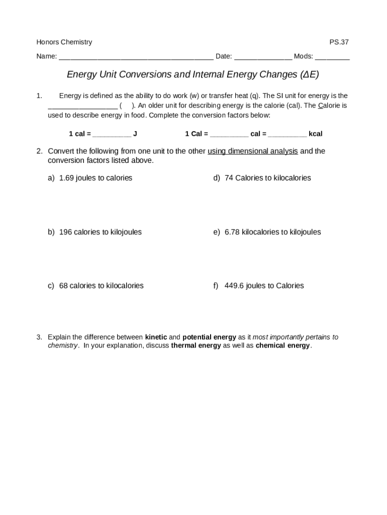 Energy and Energy Unit Conversions - Real Chemistry Doc Template ...