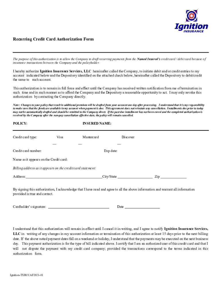 Fillable Online Ignition-TX Recurring Credit Card Authorization Form ...