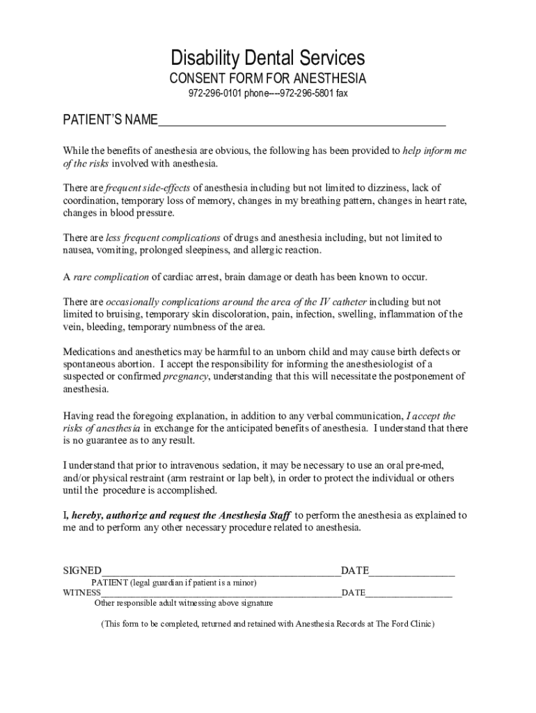 Fillable Online Anesthesia Consent Form for Adults Fax Email Print ...