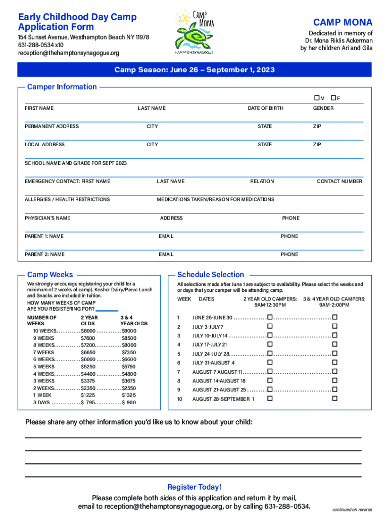 Fillable Online Grown Up and Me Application Form CAMP MONA Fax Email ...