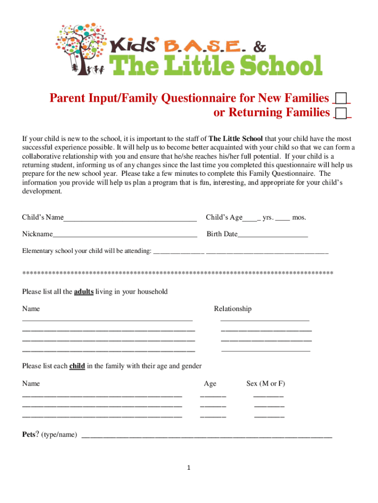 Fillable Online Parent Input/Family Questionnaire for New Families Fax ...