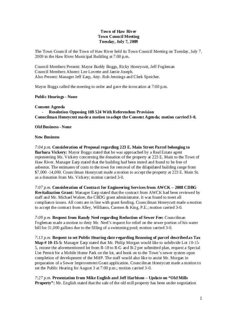 Council Members Present: Mayor Buddy Boggs, Ricky Honeycutt, Jeff Fogleman Doc Template | pdfFiller