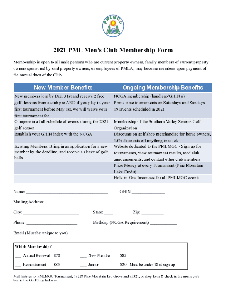 Fillable Online 2021 PML Men's Club Membership Form Fax Email Print ...