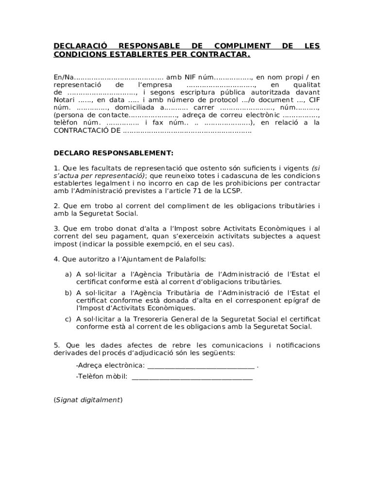 model de declaraci responsable que l'empresa no Doc Template | pdfFiller