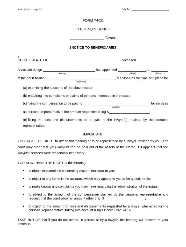 74CC: Notice to Beneficiaries Doc Template | pdfFiller