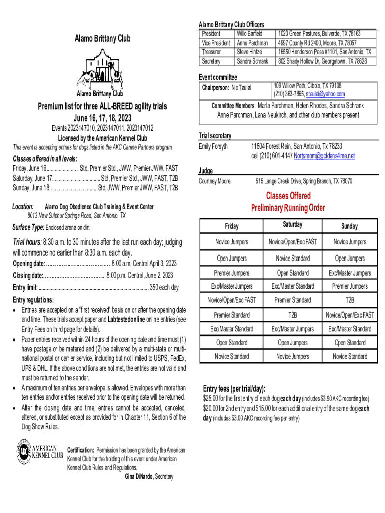 Fillable Online Alamo Brittany Club Officers Fax Email Print - pdfFiller