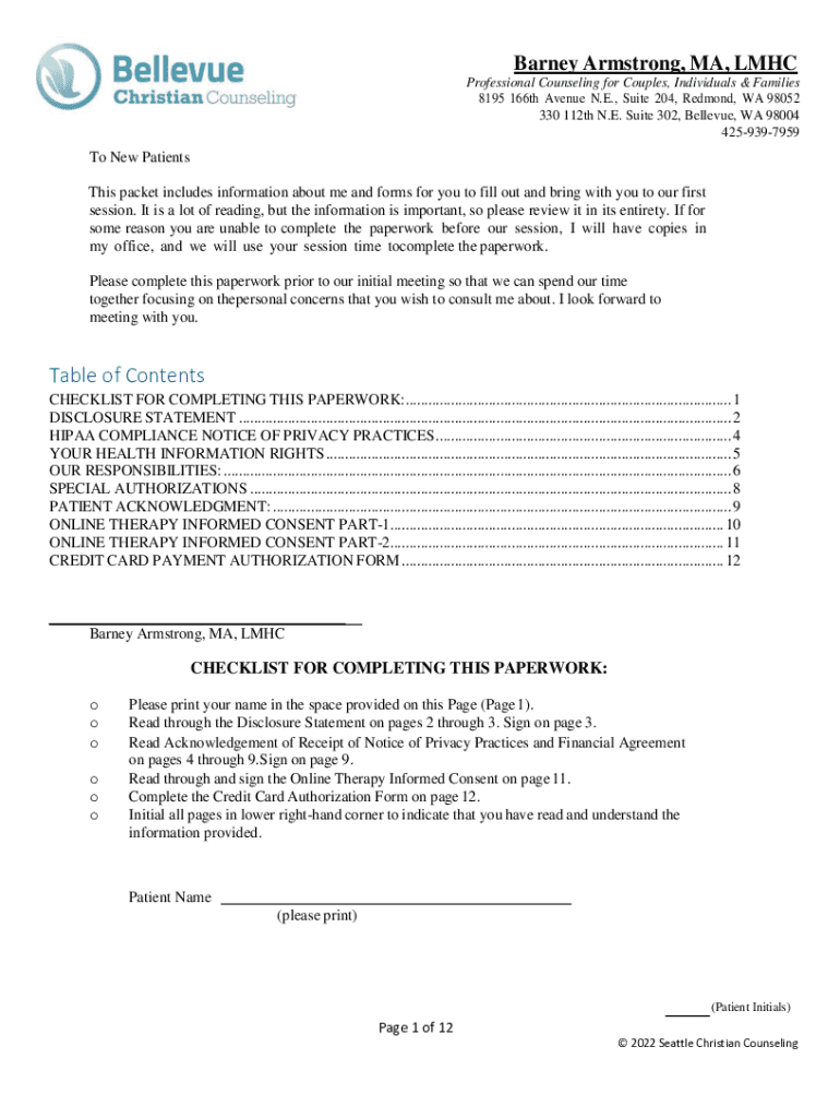 Fillable Online Fillable Online Barney Armstrong, MA, LMHC - Bellevue ...