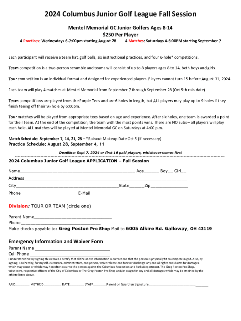 Fillable Online CJGL Fall Session - Mentel Memorial Golf Course At ... Fax Email Print - pdfFiller