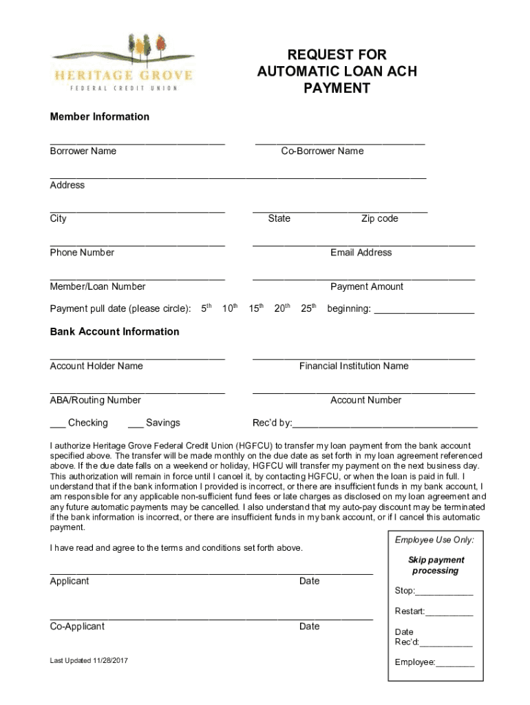 Fillable Online AUTOMATIC LOAN PAYMENT (ACH) PLAN AUTHORIZATION Fax Email Print - pdfFiller