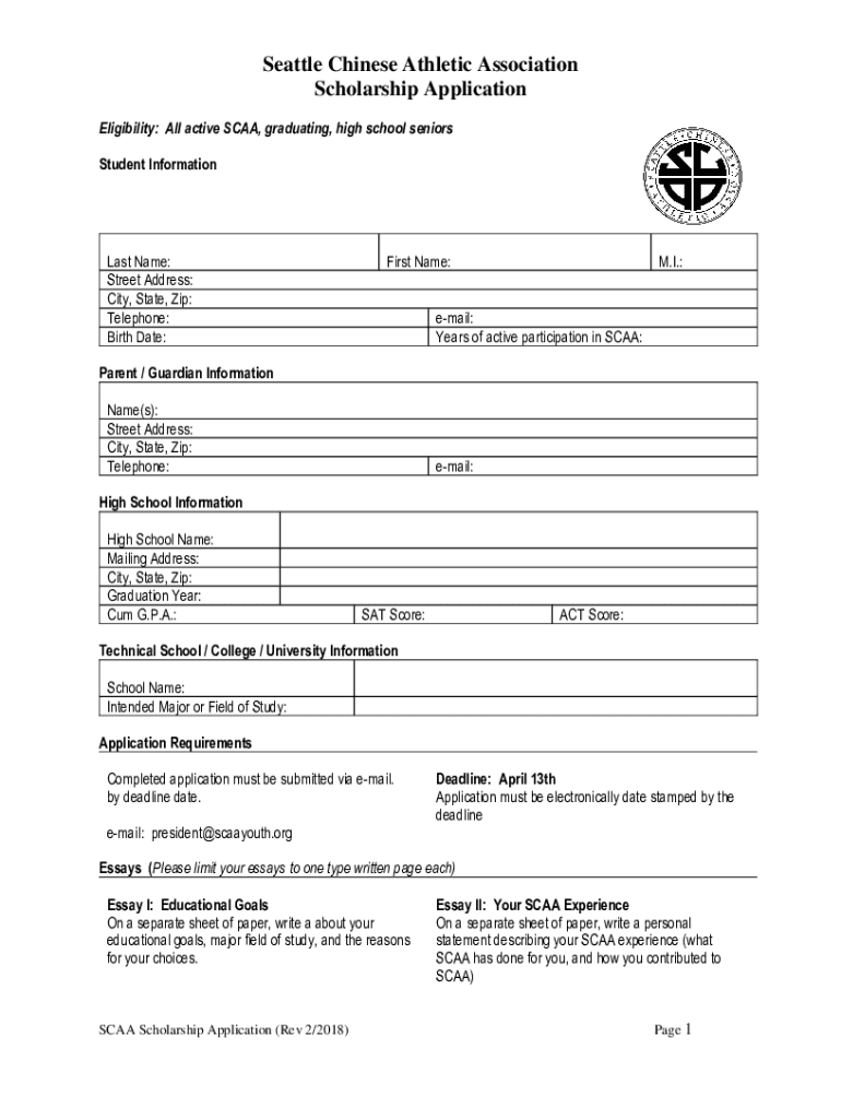 Fillable Online Seattle Chinese Athletic Association Scholarship ...