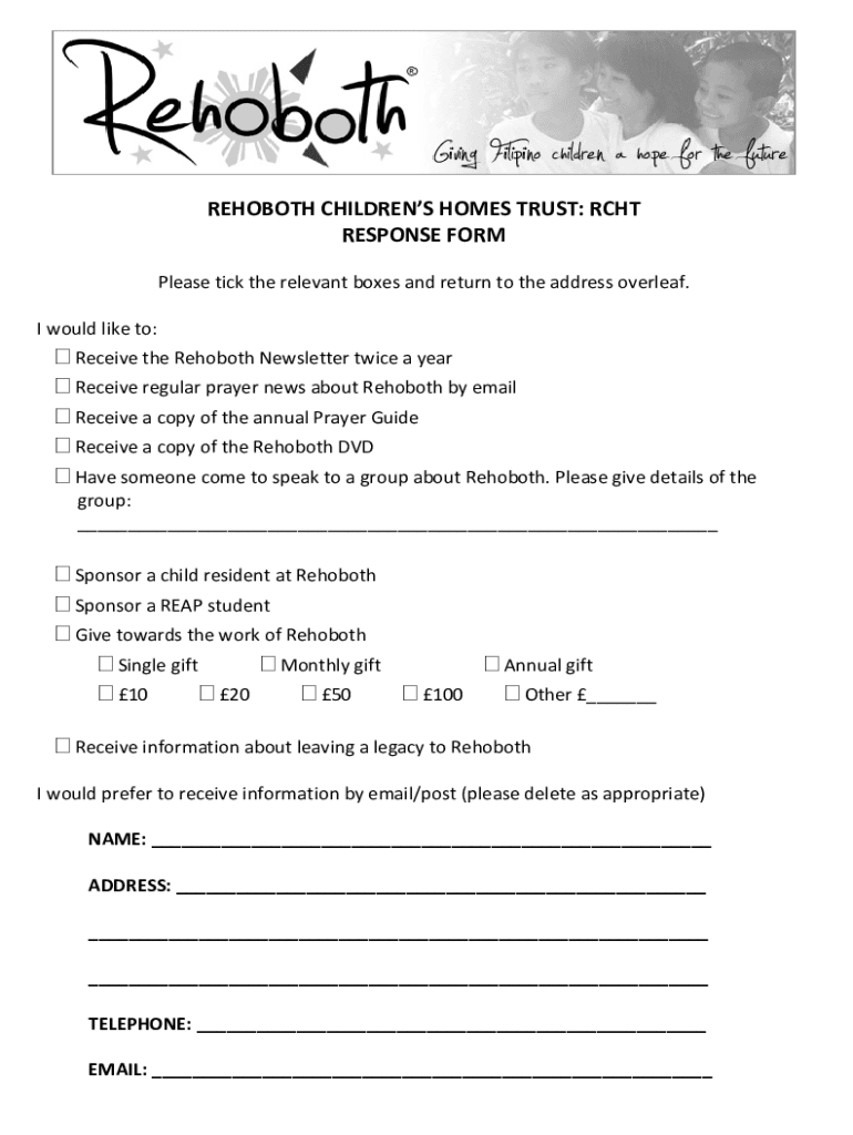 Fillable Online REHOBOTH CHILDREN'S HOMES TRUST: RCHT RESPONSE FORM Fax ...