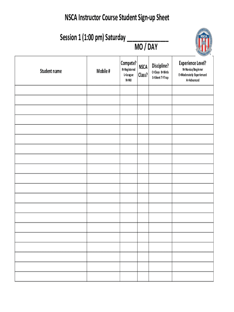 Fillable Online NSCA Instructor Course Student Sign-up Sheet Fax Email ...