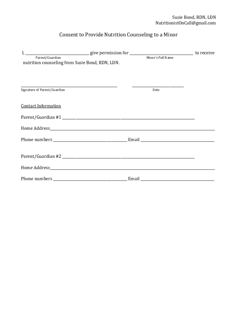 Fillable Online Consent to Provide Nutrition Counseling to a Minor Fax ...