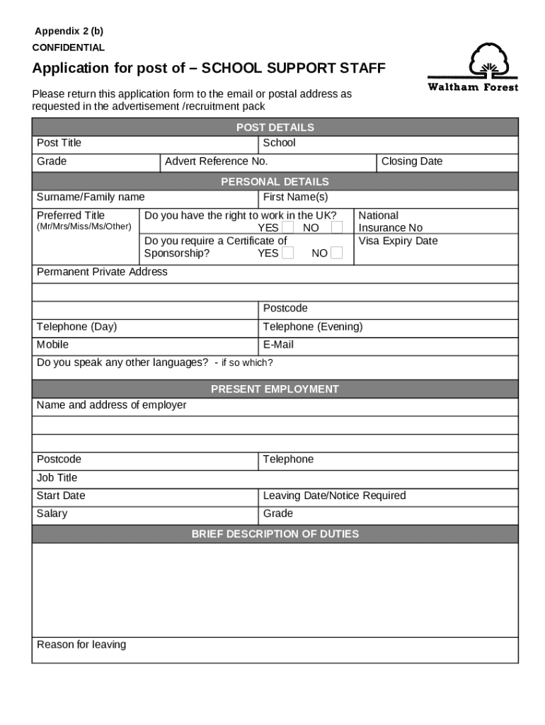Application for post of - SCHOOL SUPPORT STAFF Doc Template | pdfFiller
