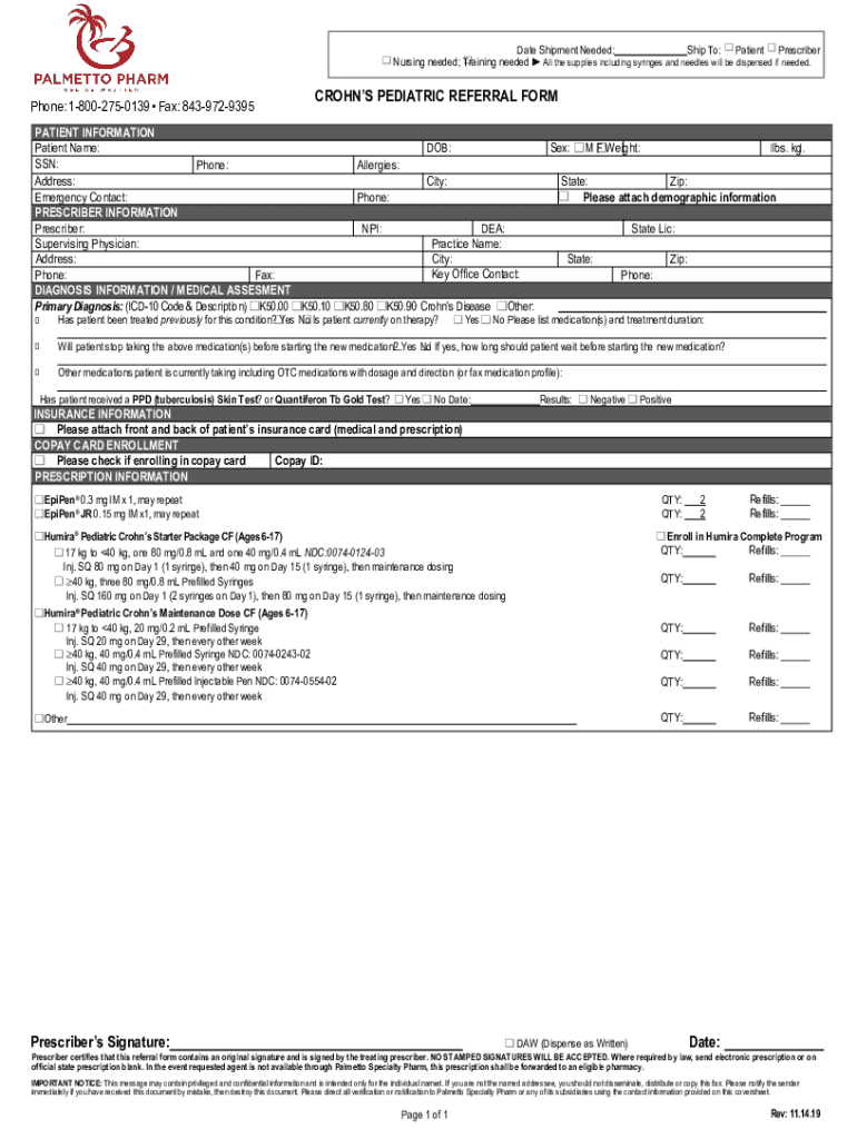 Fillable Online Palmetto Pharm - Crohn's Pediatric Referral Form. Crohn ...