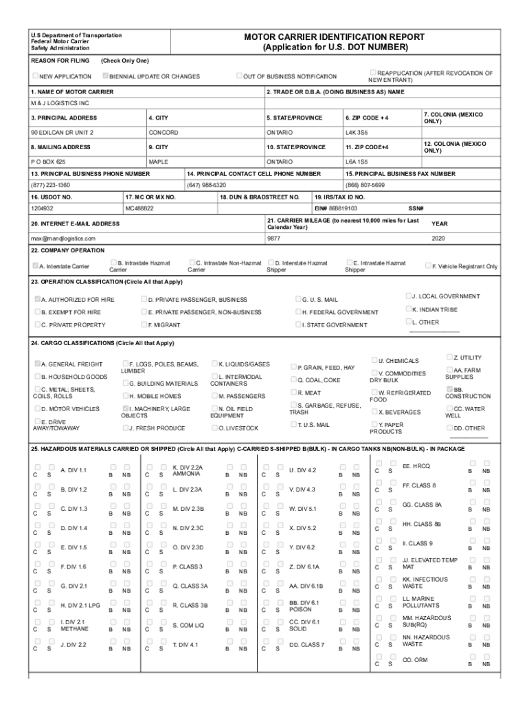 Fillable Online MOTOR CARRIER IDENTIFICATION REPORT ( ... Fax Email ...