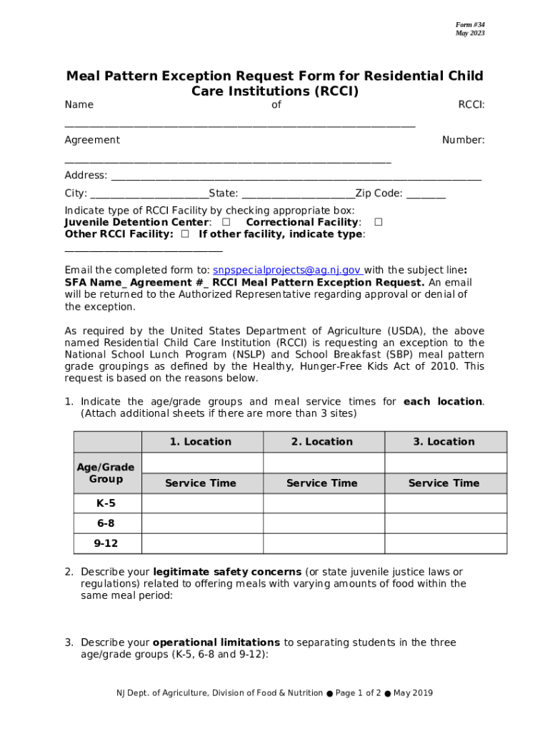 Meal Pattern Exception Request for Residential Child ... Doc Template | pdfFiller