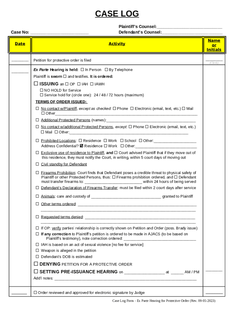 CASE LOG - EX PARTE HEARING FOR PROTECTIVE ORDER Doc Template | pdfFiller