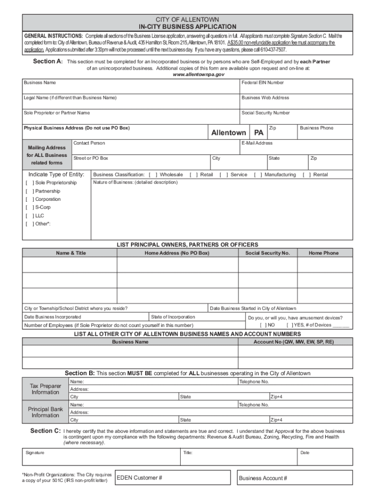 Fillable Online Allentown Business License Form - Fill Out and Sign ... Fax Email Print - pdfFiller