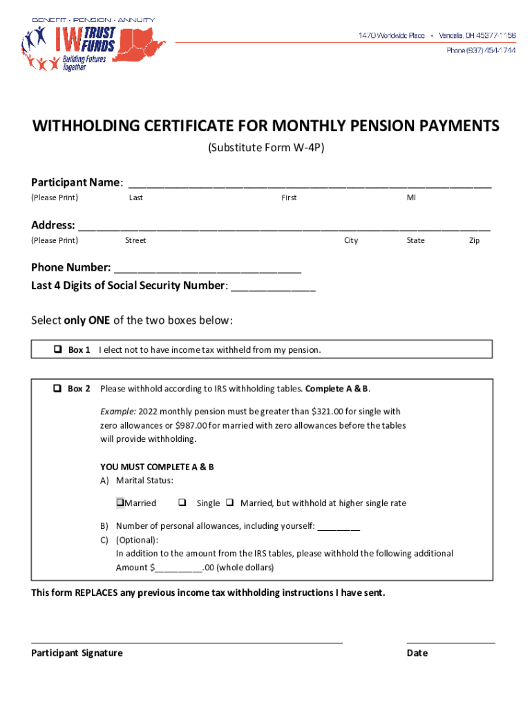 Fillable Online WITHHOLDING CERTIFICATE FOR MONTHLY PENSION ... Fax ...
