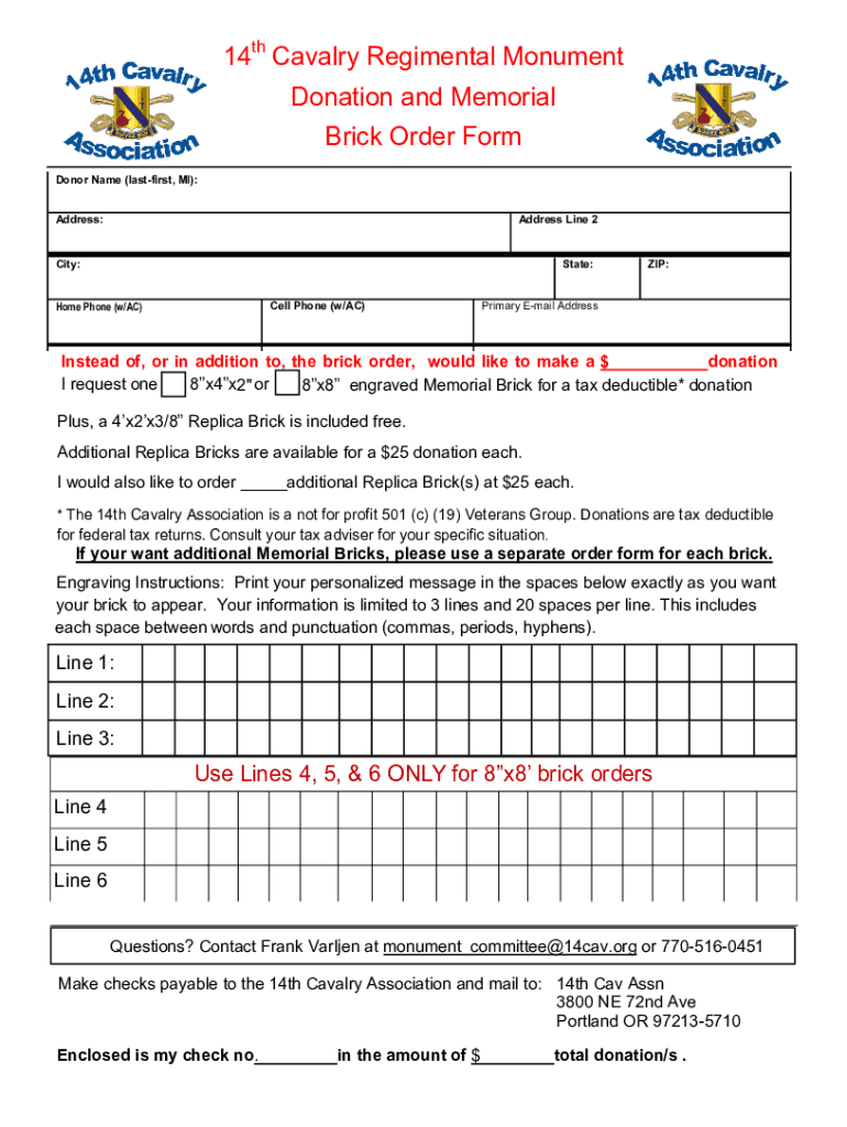 Fillable Online Cavalry Regimental Monument Donation and Memorial Brick ...