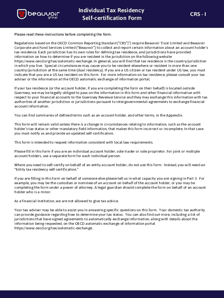 Fillable Online CRS Individual Self Cert Form Beauvoir Fax Email Print ...