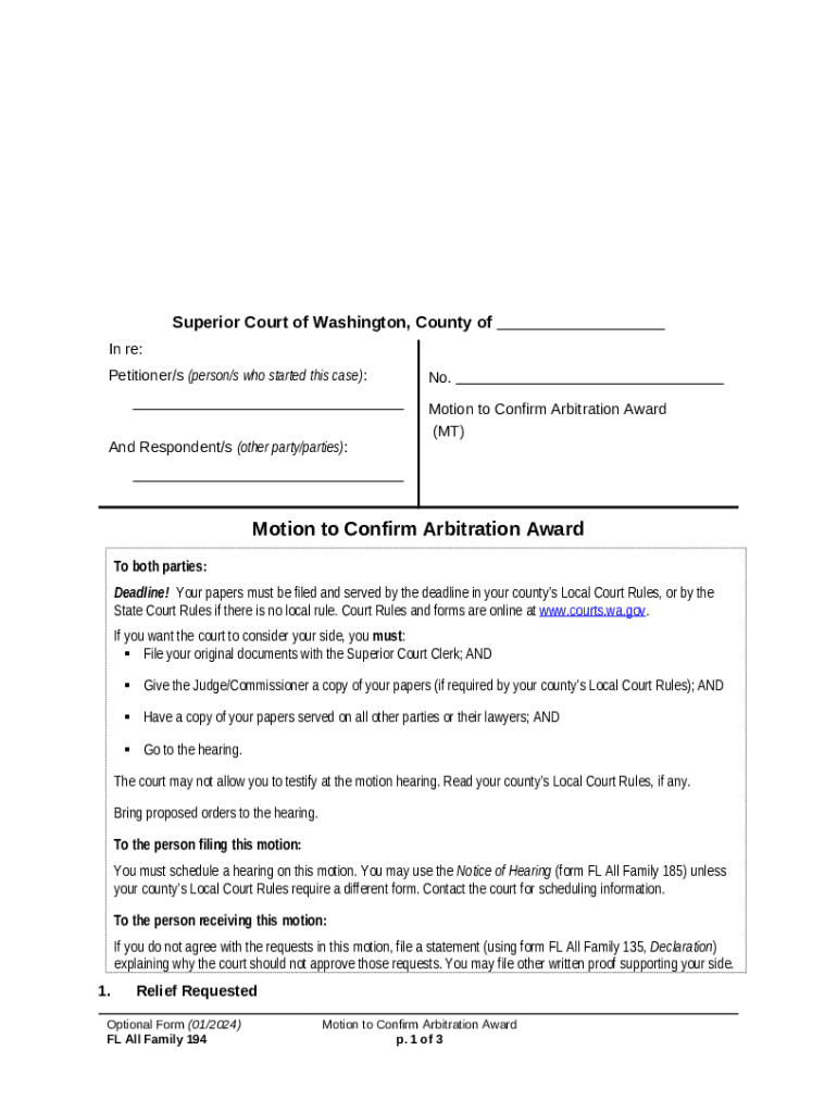 Motion to Confirm Arbitration Award - Washington State Courts Doc ...