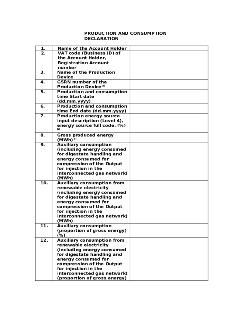 Production and Consumption Declaration Doc Template | pdfFiller