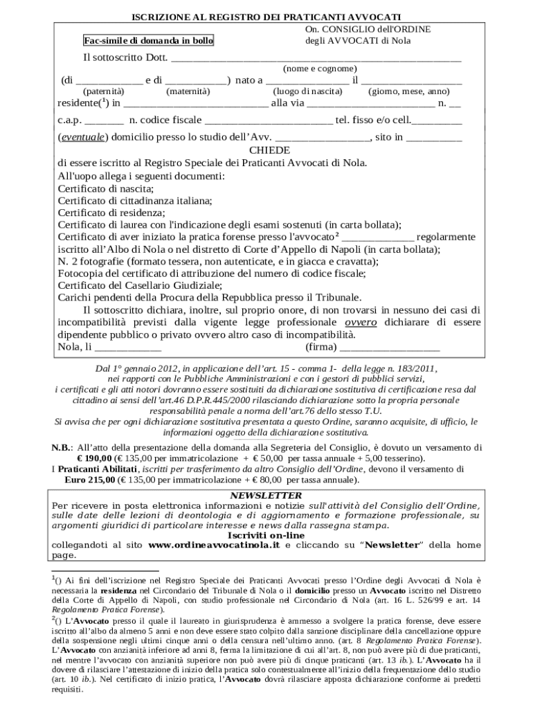 FAC-SIMILE DOMANDA DI ISCRIZIONE AL REGISTRO ... Doc Template | pdfFiller FAC-SIMILE DOMANDA DI ISCRIZIONE AL REGISTRO ... Doc Template | pdfFiller
