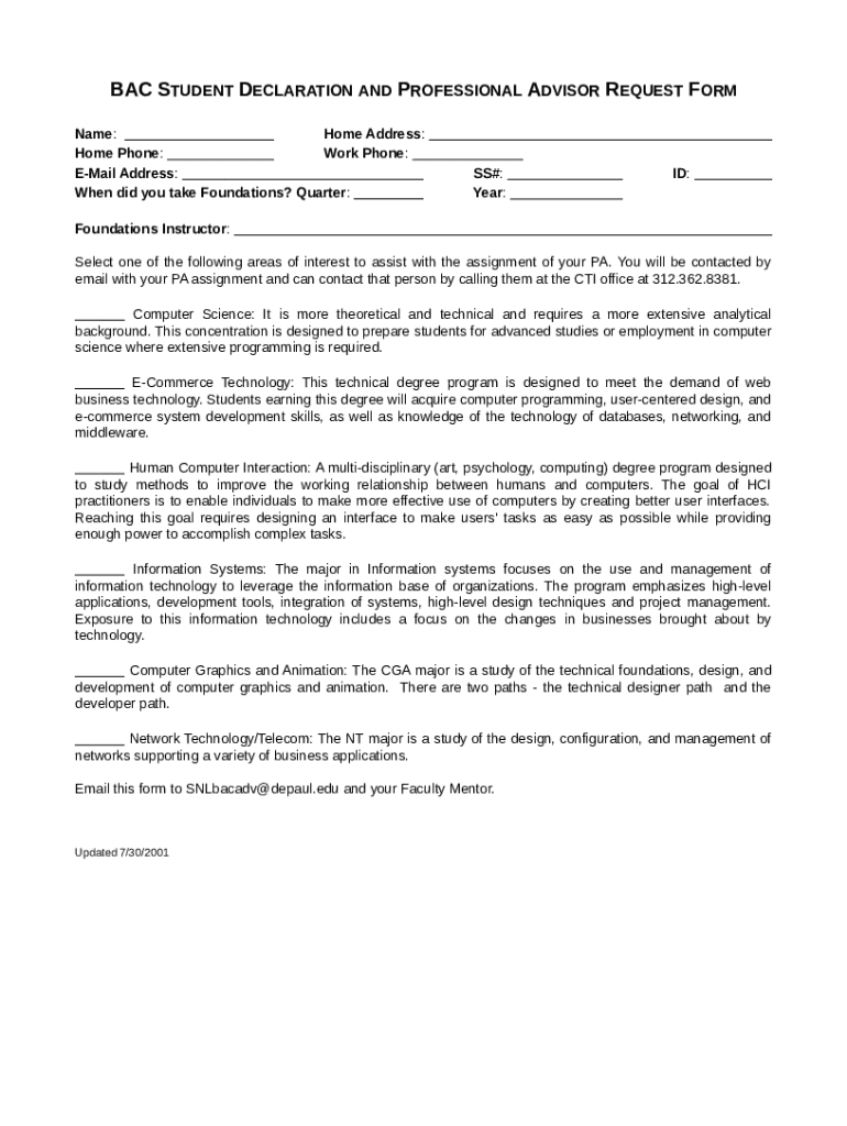 BAC Student Contact Ination and Professional Advisor Request - condor ...