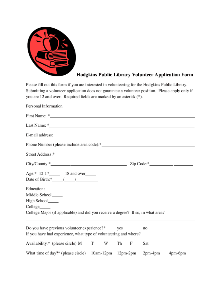 Fillable Online Hodgkins Public Library Volunteer Application Form Fax ...