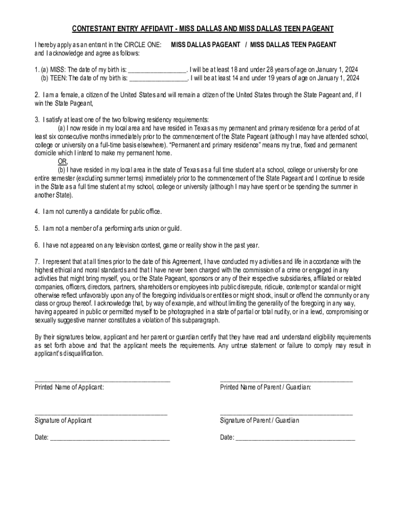 Fillable Online contestant entry affidavit Fax Email Print - pdfFiller