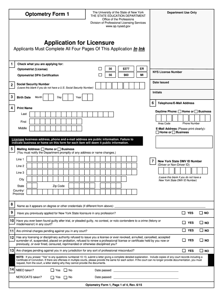 Fillable Online op nysed Optometry Form 1 - Application for Licensure ...