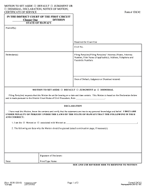 Fillable Online MOTION TO SET ASIDE G DEFAULT G JUDGMENT OR G DISMISSAL Fax Email Print - pdfFiller