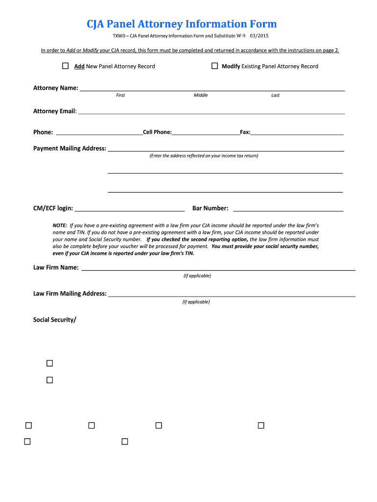 Fillable Online txwd uscourts CJA Panel Attorney Information Form ...
