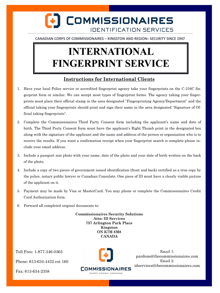 Fillable Online INTERNATIONAL FINGERPRINT SERVICE - The Commissionaires ...