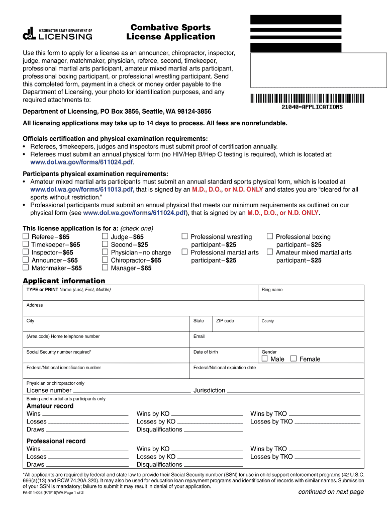 Fillable Online dol wa Combative Sports License Application Fax Email ...