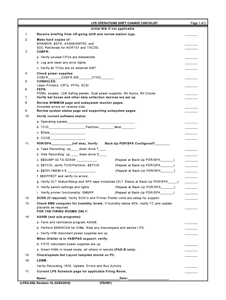 Fillable Online llis nasa LPS OPERATIONS SHIFT CHANGE CHECKLIST Page 1 ...