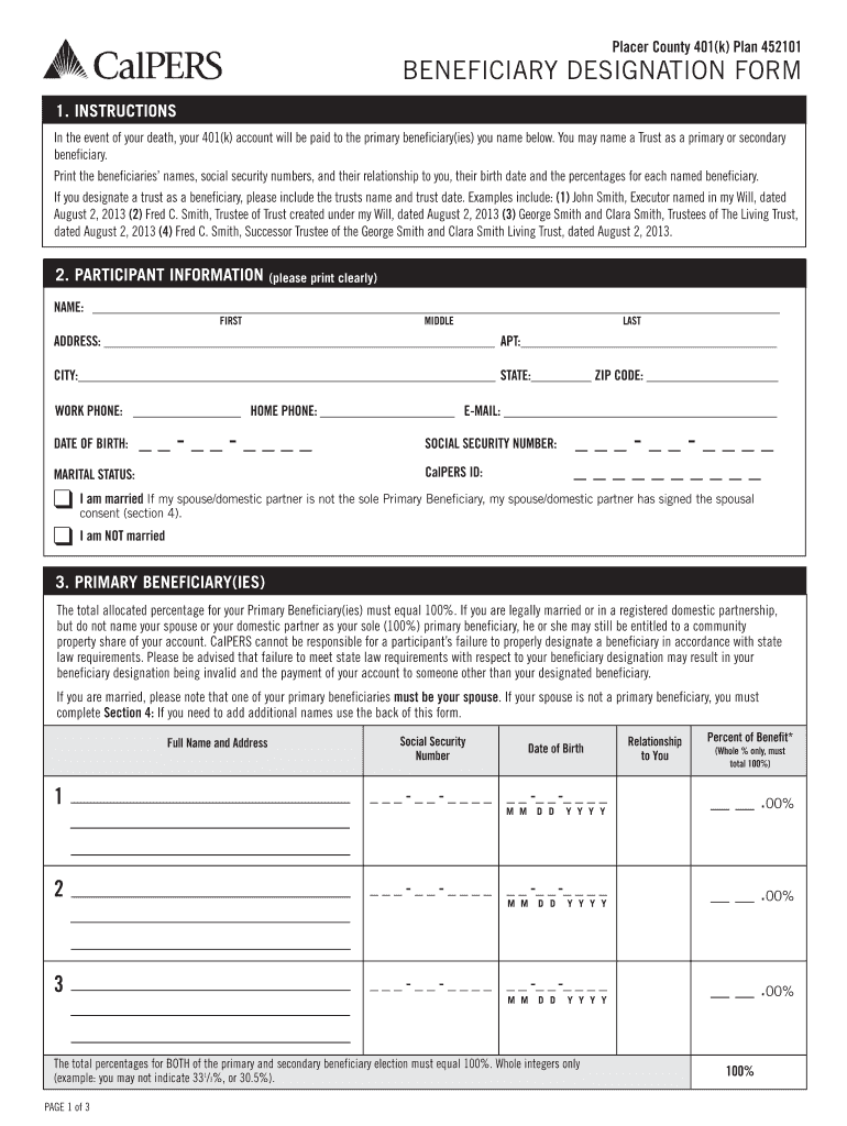 Fillable Online placer ca CalPERS Retirement Beneficiary Designation ...