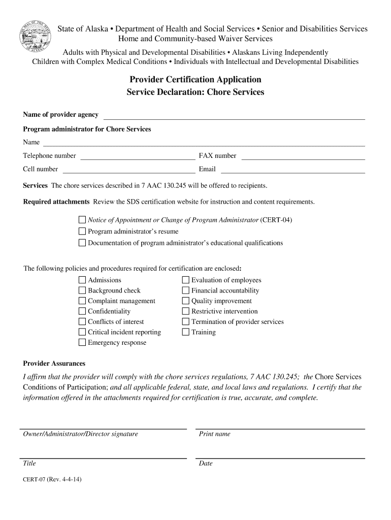 Fillable Online dhss alaska Provider Certification Application Service Declaration: Chore ...