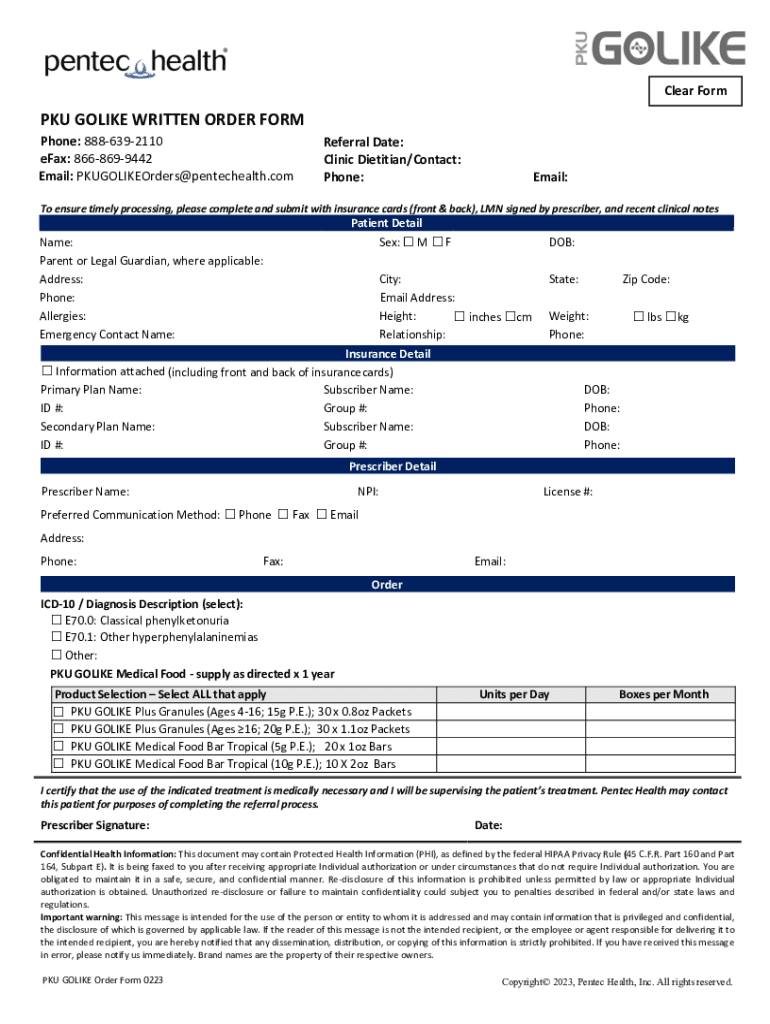 Fillable Online Pentec Health PKU GOLIKE Order Form-020323 Update.docx ...