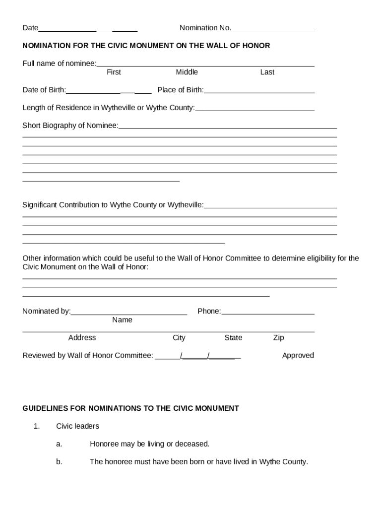 nomination for the civic monument on the wall of honor Doc Template | pdfFiller