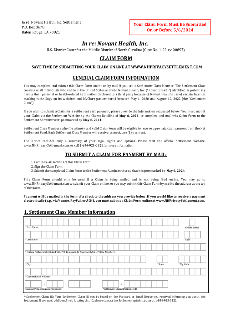Fillable Online Paper Claim Form - In re: Novant Health, Inc. Fax Email ...