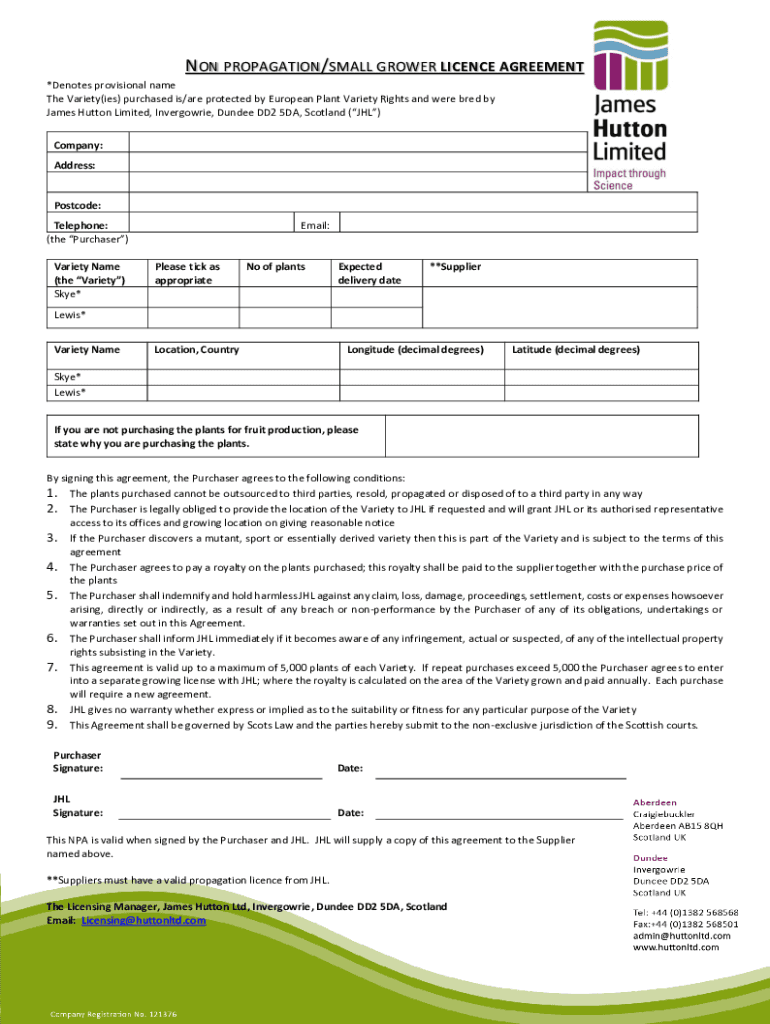 Fillable Online non propagation/small grower licence agreement Fax ...