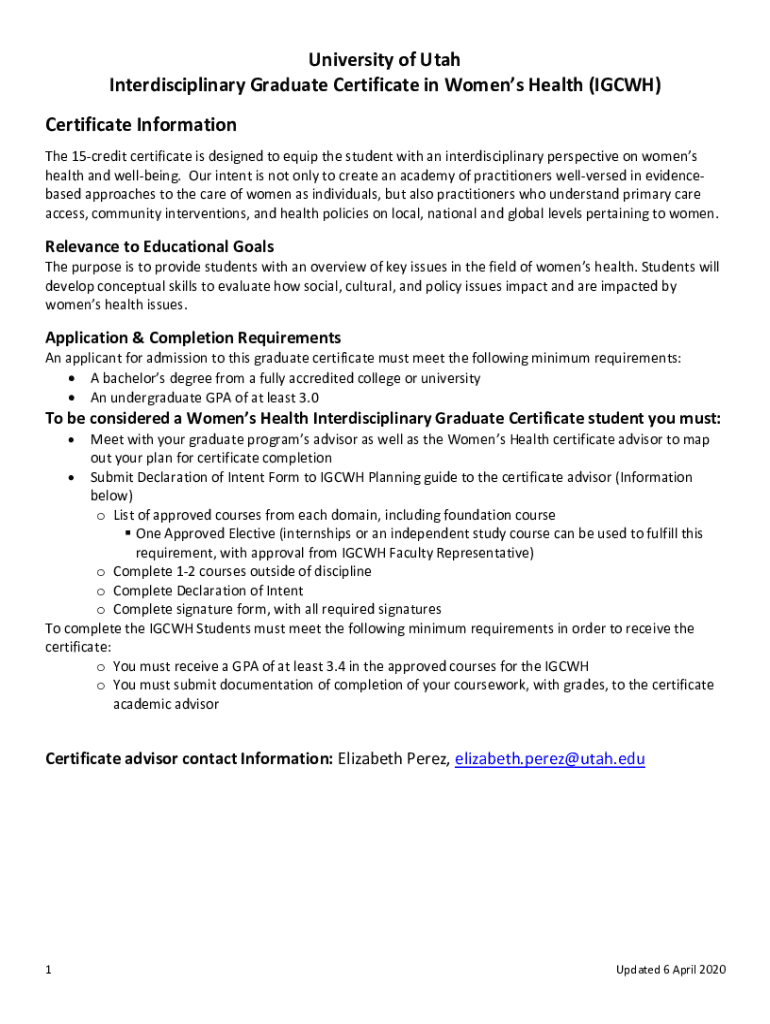 Fillable Online Interdisciplinary Graduate Certificate in Women's Health Fax Email Print - pdfFiller