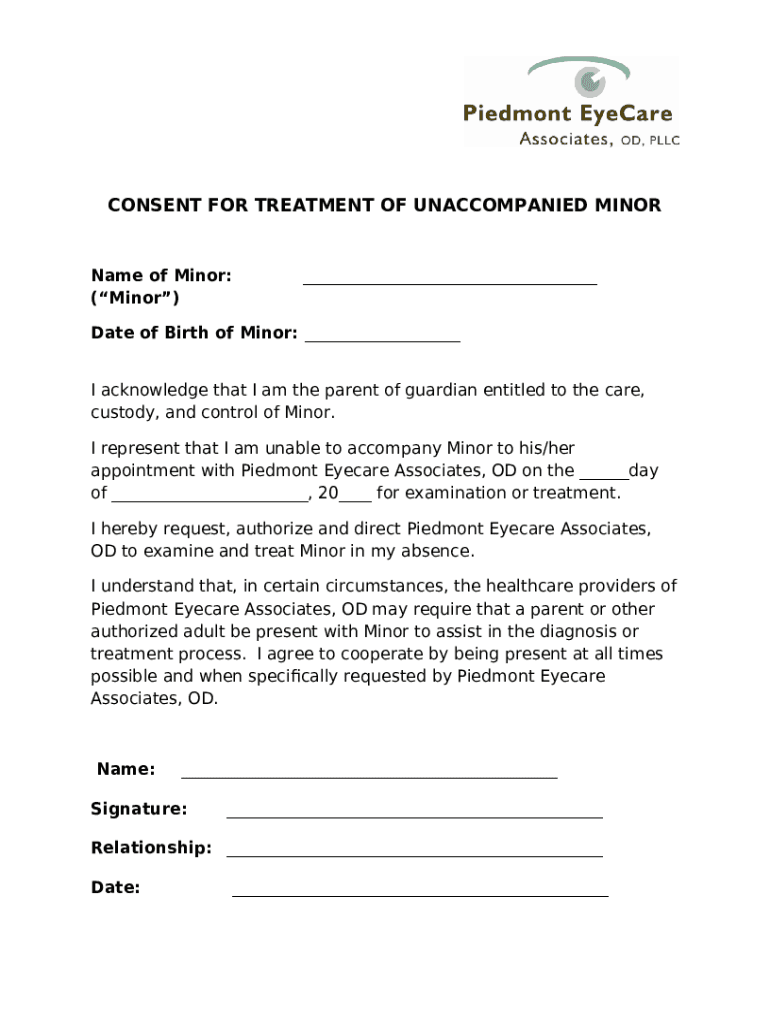 consent for treatment of unaccompanied minor Doc Template | pdfFiller