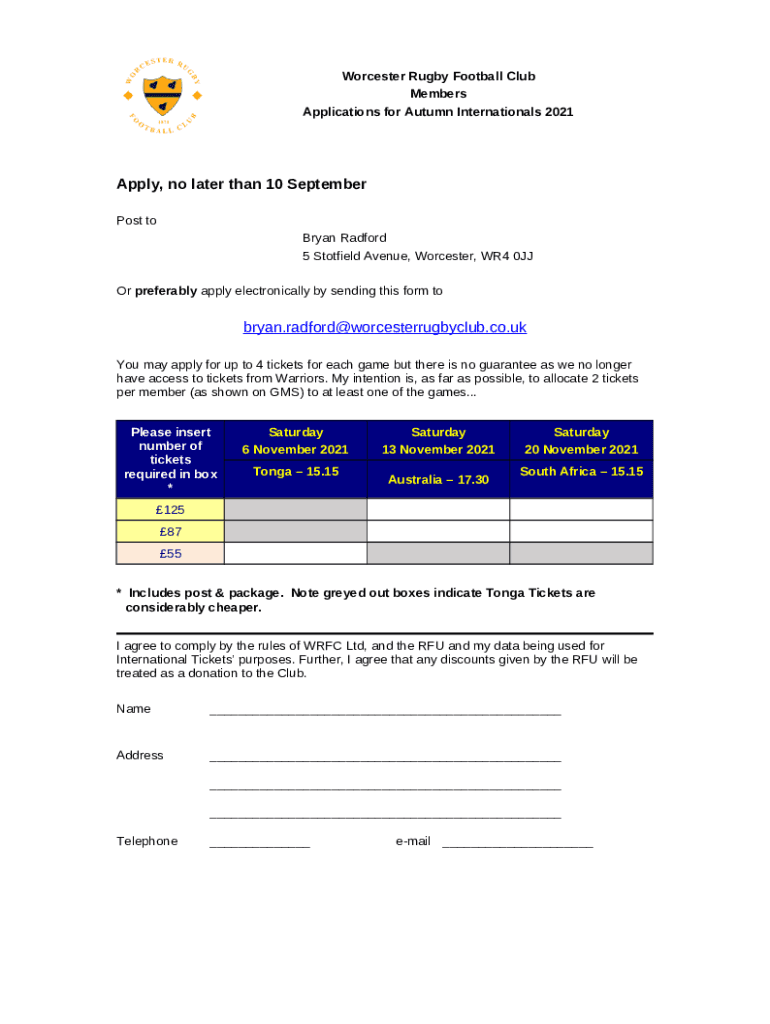 Worcester Rugby Football Club Doc Template | pdfFiller