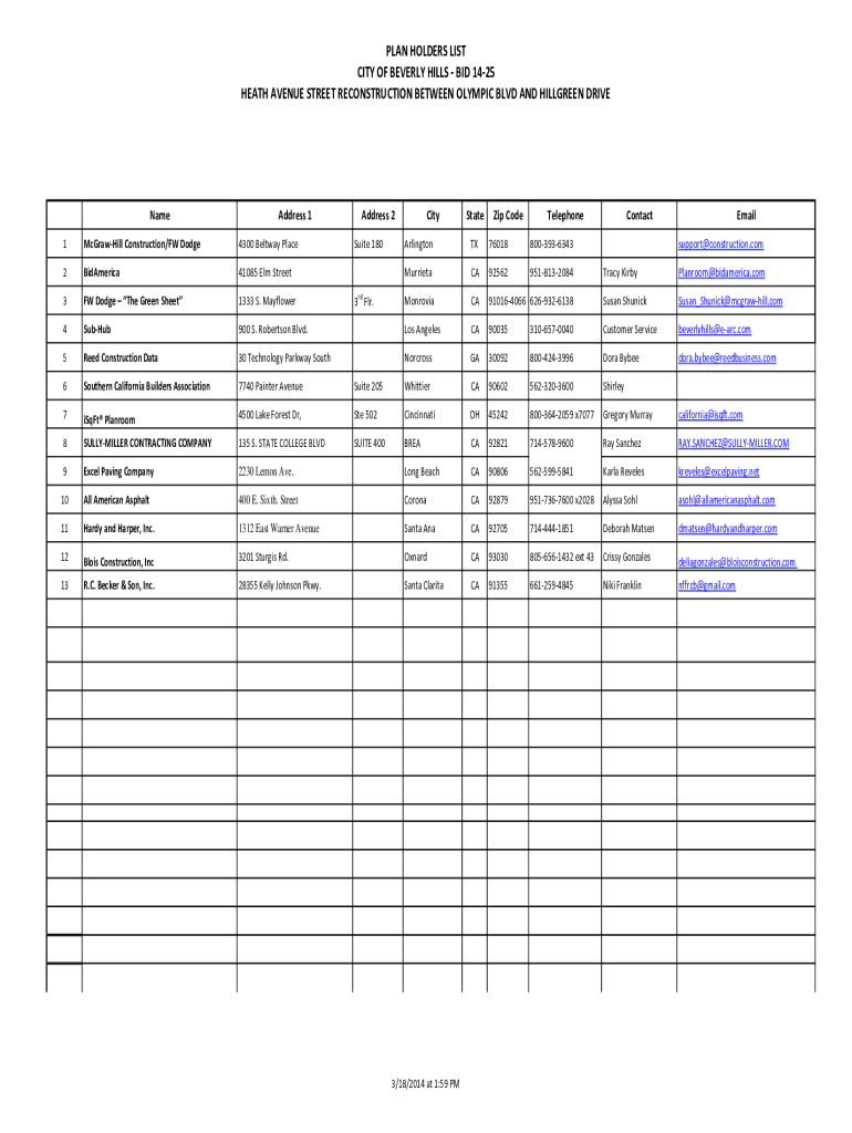 Fillable Online PLAN HOLDERS LIST CITY OF BEVERLY HILLS - BID 14-25 ...